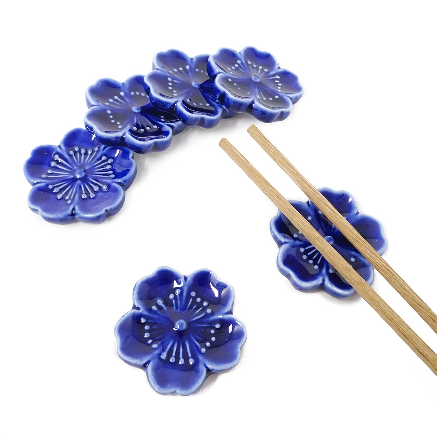 Honbay 6PCS Elegant Cherry Blossom Ceramic Chopsticks Rest Rack Stand Holder for Chopsticks, Forks, Spoons, Knives, Paint Brushes (blue)