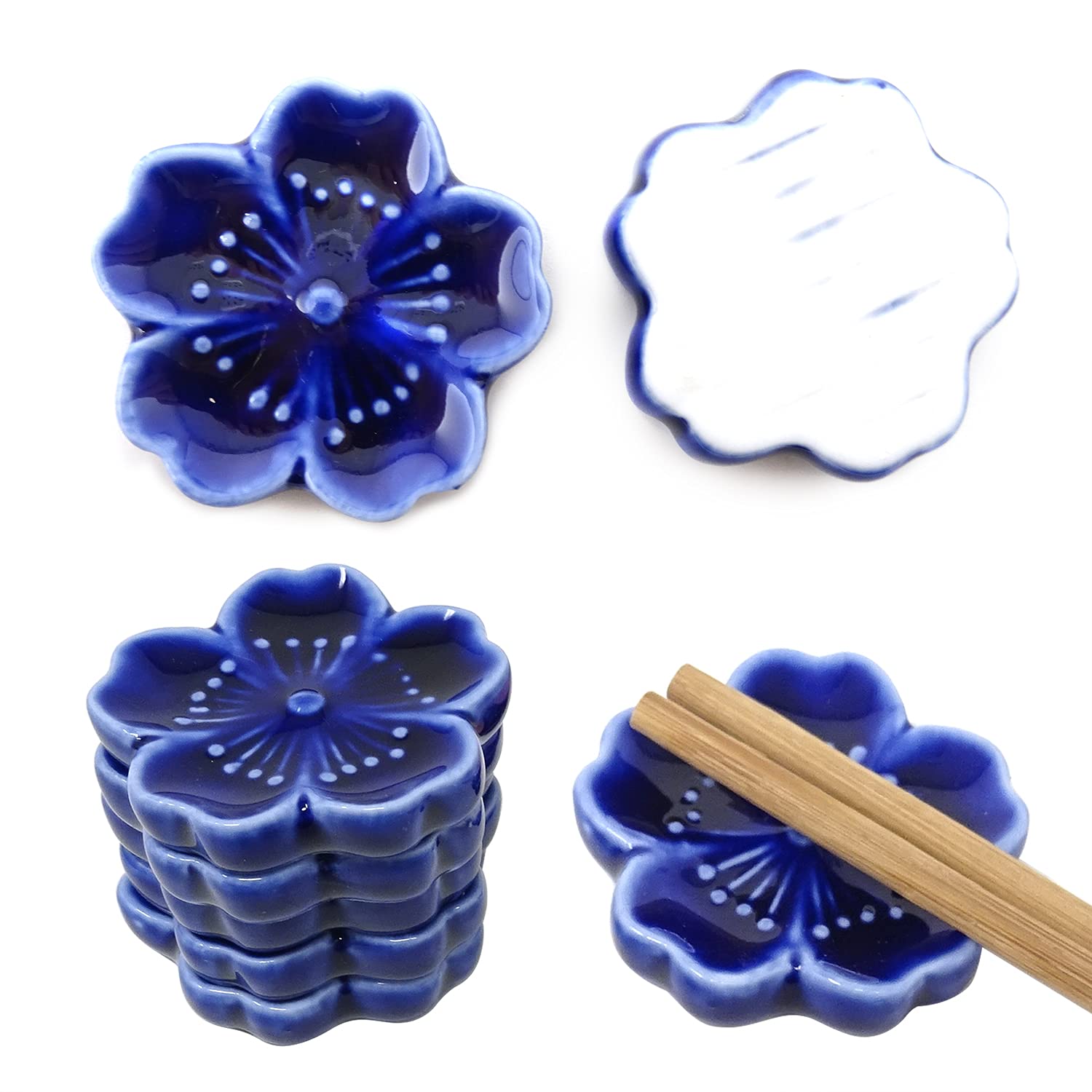 Honbay 6PCS Elegant Cherry Blossom Ceramic Chopsticks Rest Rack Stand Holder for Chopsticks, Forks, Spoons, Knives, Paint Brushes (blue)