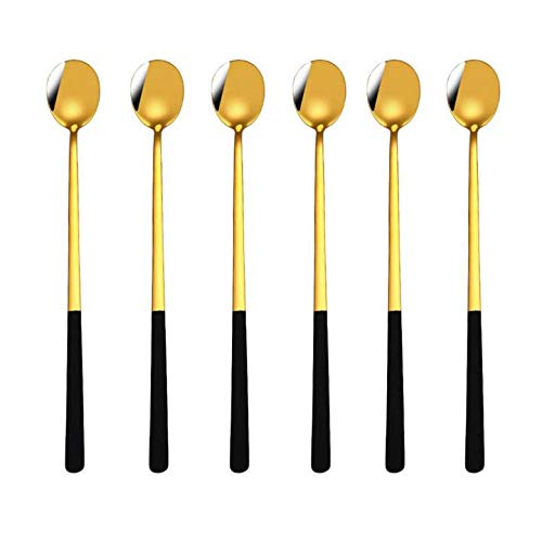 MBBITL 6-Pack Black Gold 9" Ice Coffee Spoon Iced Teaspoon for Mixing Cocktail Stirring Tea Milkshake Cold Drink Stainless Steel