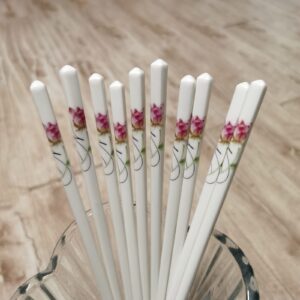 Chopsticks Reusable 5 Pairs Ceramic Chopsticks Dishwasher safe 9.7 Inches (Pink lotus flower)