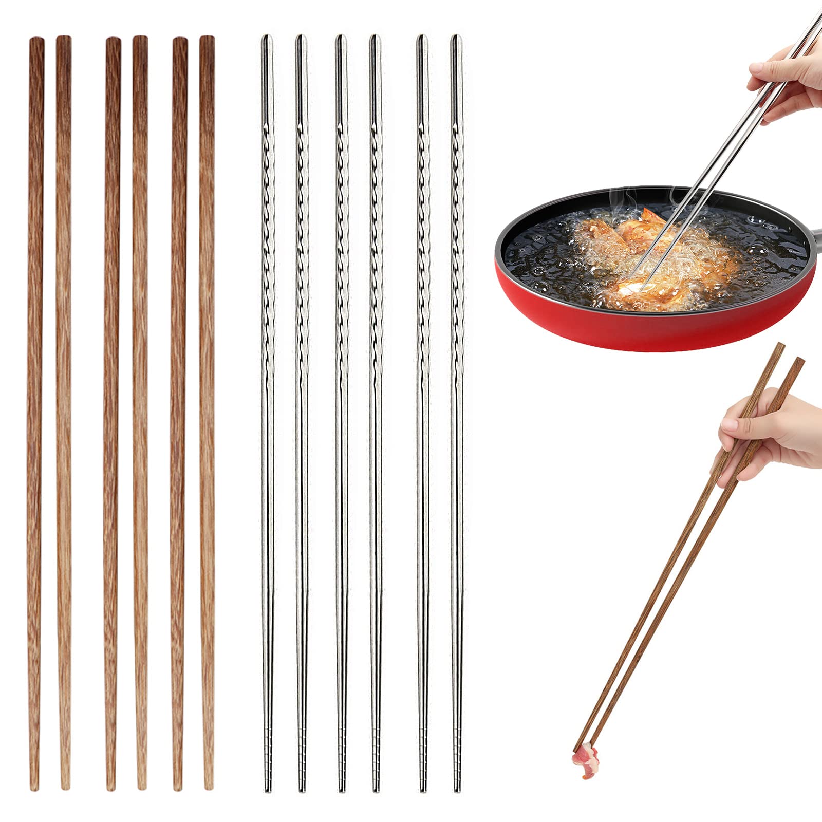 6 Pcs Long Cooking Chopsticks 15.3 Inch Natural Wooden Extra Long Chopstick and Non-slip Threaded Stainless Steel Chopsticks for Hot Pot,Noodle,Cooking Frying Chopsticks