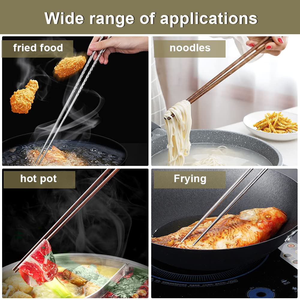 6 Pcs Long Cooking Chopsticks 15.3 Inch Natural Wooden Extra Long Chopstick and Non-slip Threaded Stainless Steel Chopsticks for Hot Pot,Noodle,Cooking Frying Chopsticks