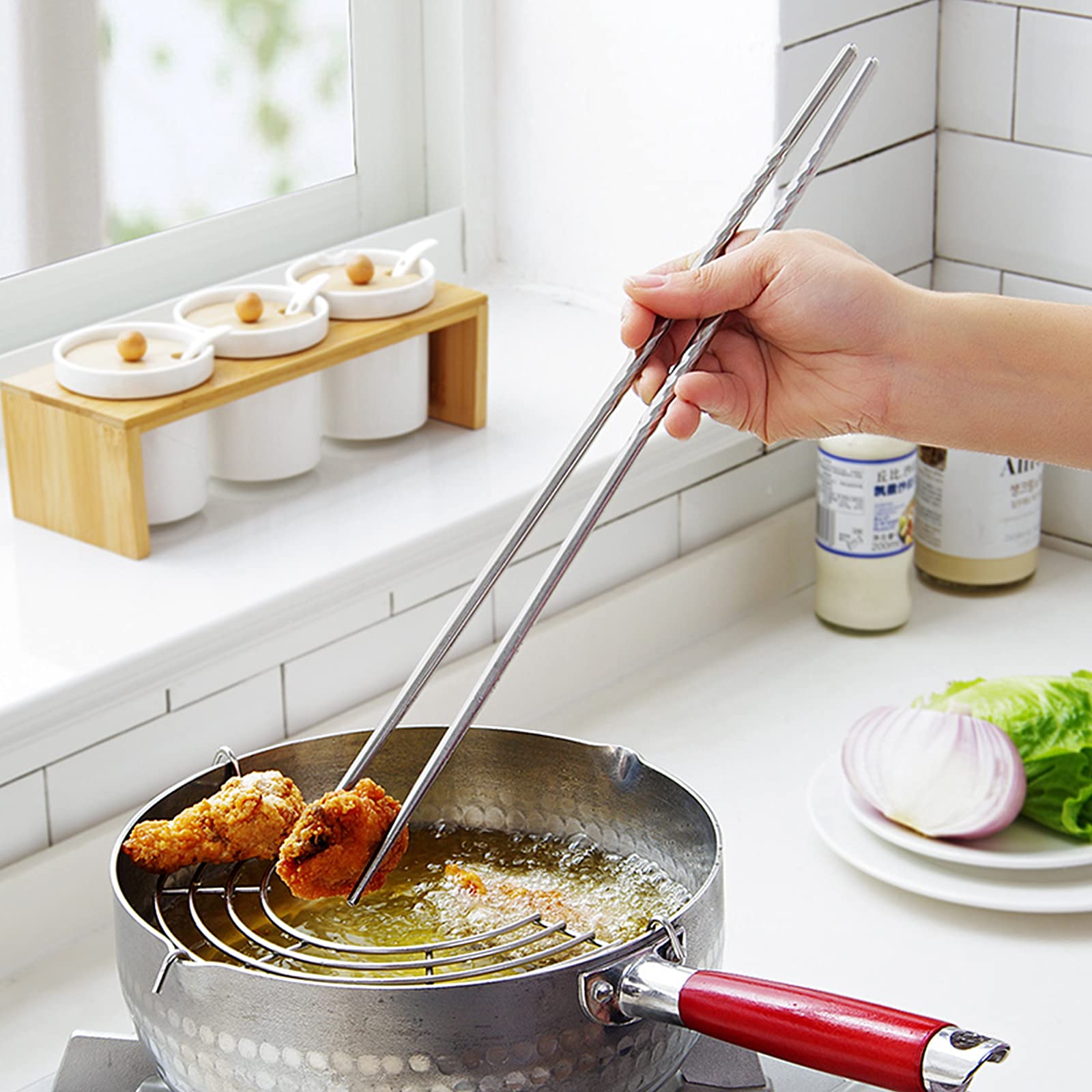 6 Pcs Long Cooking Chopsticks 15.3 Inch Natural Wooden Extra Long Chopstick and Non-slip Threaded Stainless Steel Chopsticks for Hot Pot,Noodle,Cooking Frying Chopsticks