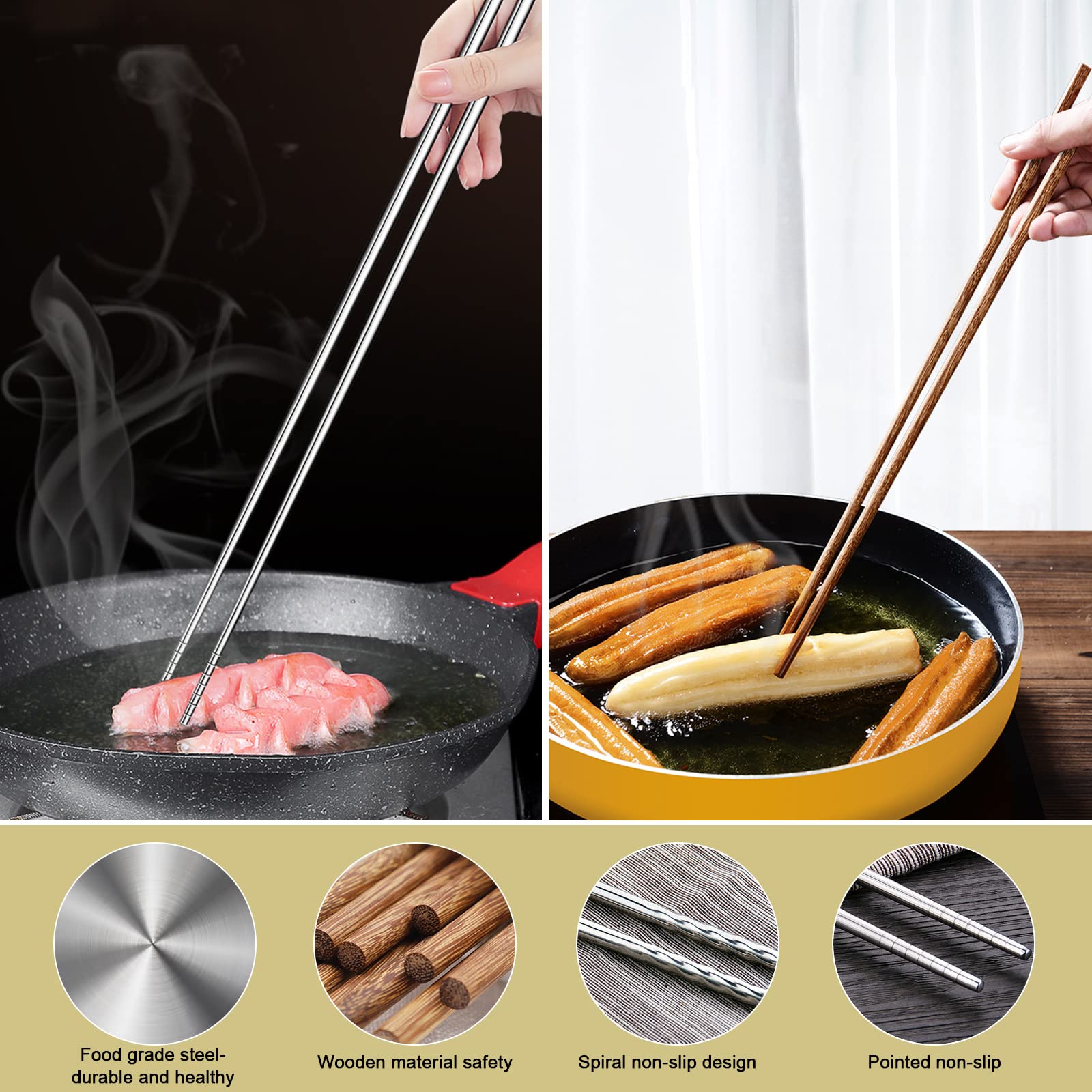 6 Pcs Long Cooking Chopsticks 15.3 Inch Natural Wooden Extra Long Chopstick and Non-slip Threaded Stainless Steel Chopsticks for Hot Pot,Noodle,Cooking Frying Chopsticks