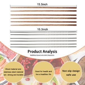 6 Pcs Long Cooking Chopsticks 15.3 Inch Natural Wooden Extra Long Chopstick and Non-slip Threaded Stainless Steel Chopsticks for Hot Pot,Noodle,Cooking Frying Chopsticks