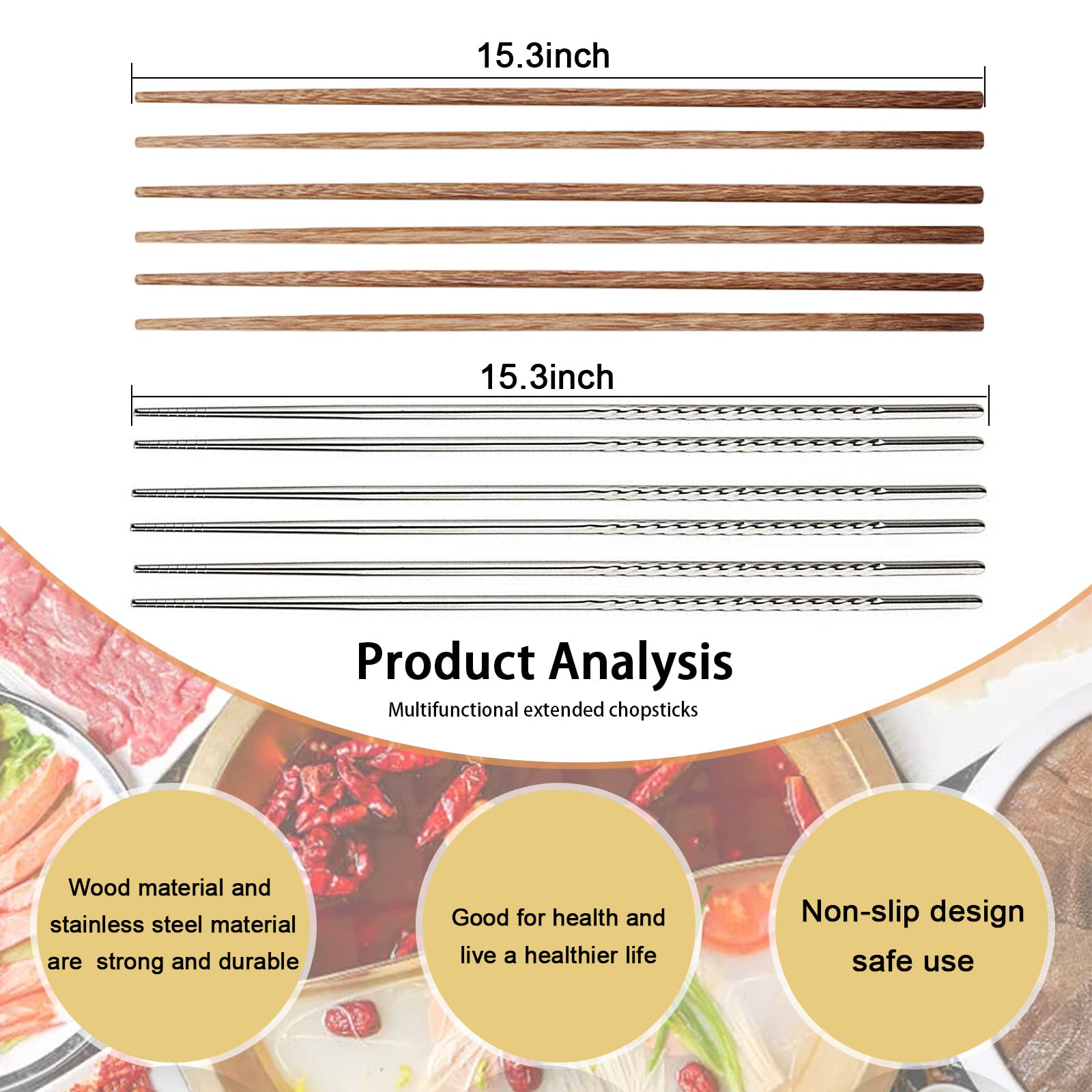 6 Pcs Long Cooking Chopsticks 15.3 Inch Natural Wooden Extra Long Chopstick and Non-slip Threaded Stainless Steel Chopsticks for Hot Pot,Noodle,Cooking Frying Chopsticks