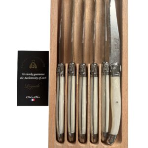 Laguiole Serrated Edge Sharp Premium Dishwasher Safe Full Tang Stainless Steel 6-Piece Steak Knife Set, Shiny Cream Handle by Clermont Coutellerie