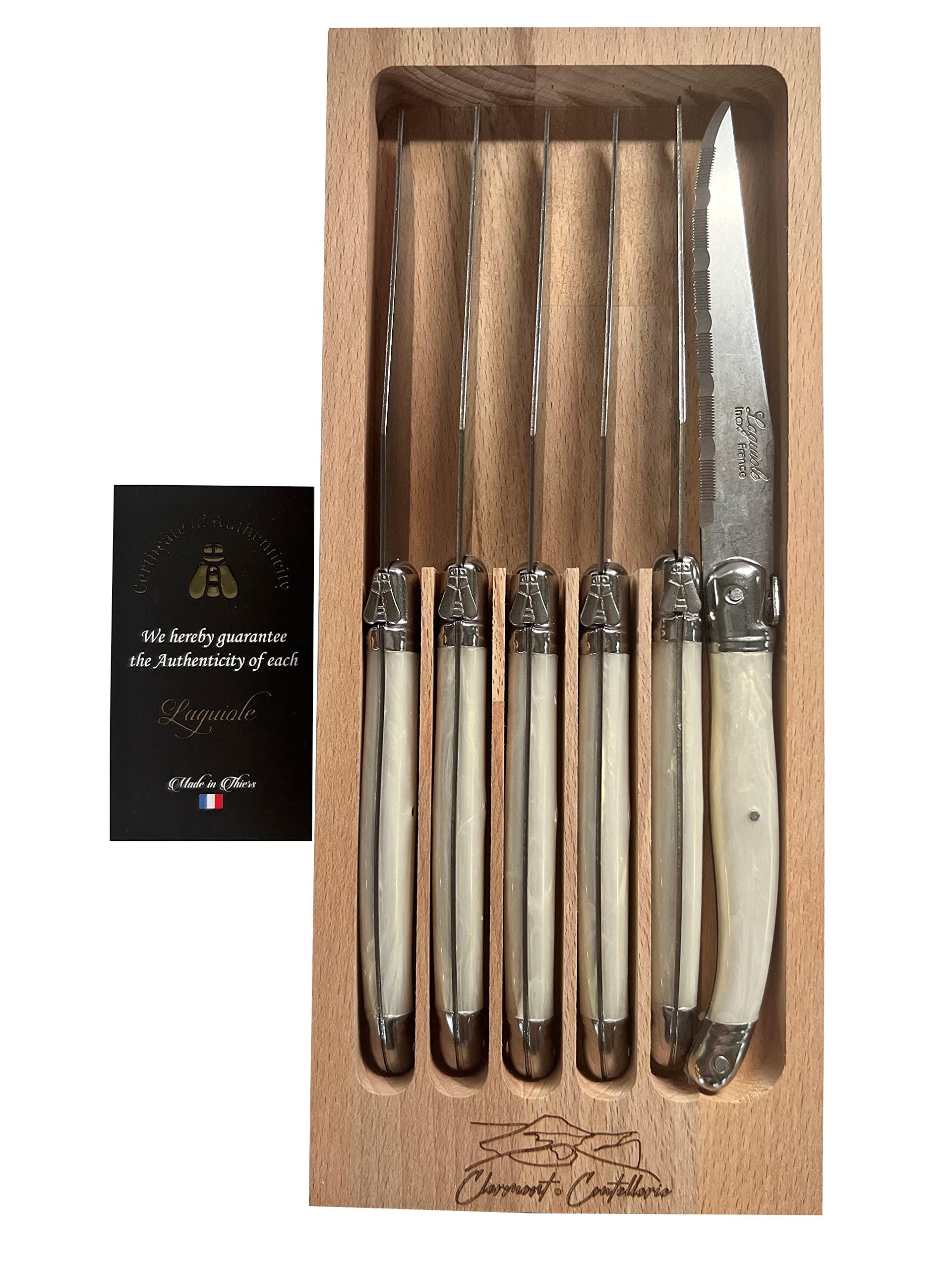 Laguiole Serrated Edge Sharp Premium Dishwasher Safe Full Tang Stainless Steel 6-Piece Steak Knife Set, Shiny Cream Handle by Clermont Coutellerie