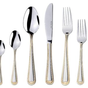 DIZORA 75-Piece Flatware Set for 12, Premium 18/10 Surgical Stainless Steel Silverware Cutlery Dining Service, 24K Gold-Plated Hostess Serving Set, Gift Wooden Storage Case (Pearls - Gold - 75pc)