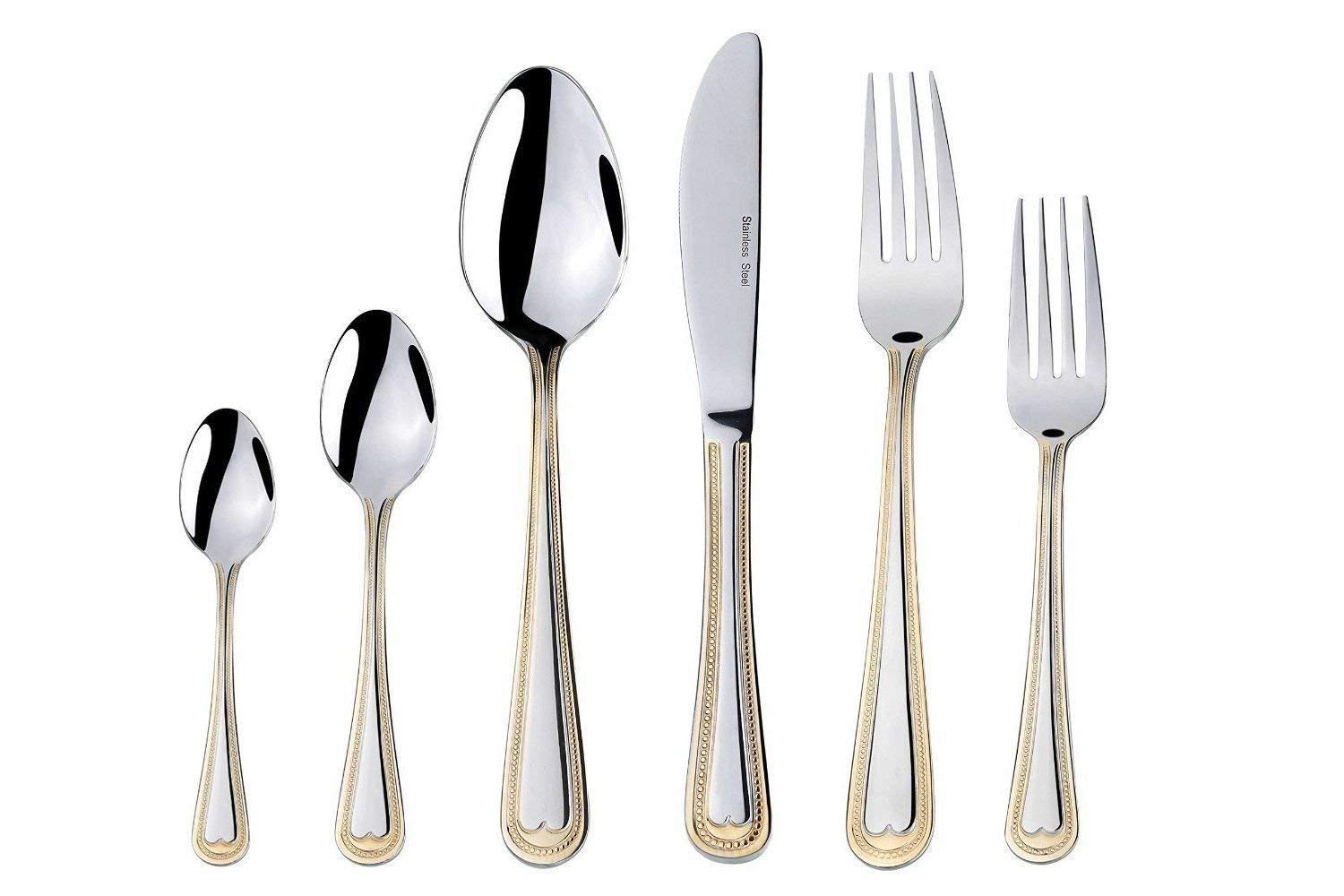 DIZORA 75-Piece Flatware Set for 12, Premium 18/10 Surgical Stainless Steel Silverware Cutlery Dining Service, 24K Gold-Plated Hostess Serving Set, Gift Wooden Storage Case (Pearls - Gold - 75pc)