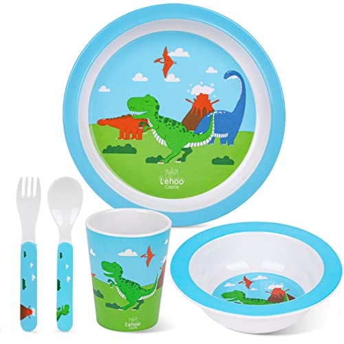 Lehoo Castle Kids Plates and Bowls Sets, 5 Piece Baby Feeding Set - Includes Plate, Bowl, Cup, Fork and Spoon Utensil Flatware, Kids Dinnerware Set for Kids, Toddlers (Dinosaur)