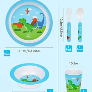 Lehoo Castle Kids Plates and Bowls Sets, 5 Piece Baby Feeding Set - Includes Plate, Bowl, Cup, Fork and Spoon Utensil Flatware, Kids Dinnerware Set for Kids, Toddlers (Dinosaur)