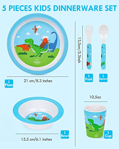 Lehoo Castle Kids Plates and Bowls Sets, 5 Piece Baby Feeding Set - Includes Plate, Bowl, Cup, Fork and Spoon Utensil Flatware, Kids Dinnerware Set for Kids, Toddlers (Dinosaur)