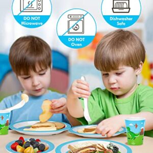 Lehoo Castle Kids Plates and Bowls Sets, 5 Piece Baby Feeding Set - Includes Plate, Bowl, Cup, Fork and Spoon Utensil Flatware, Kids Dinnerware Set for Kids, Toddlers (Dinosaur)