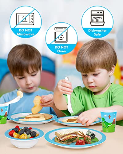 Lehoo Castle Kids Plates and Bowls Sets, 5 Piece Baby Feeding Set - Includes Plate, Bowl, Cup, Fork and Spoon Utensil Flatware, Kids Dinnerware Set for Kids, Toddlers (Dinosaur)