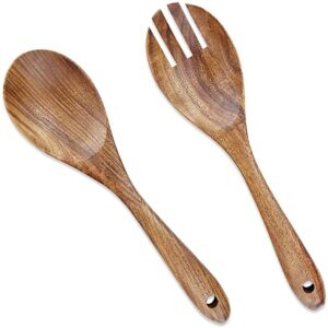 salad tongs, 2 pcs salad servers, wooden acacia salad servers with salad spoon and fork, spoon long handle salad server set kitchen cooking