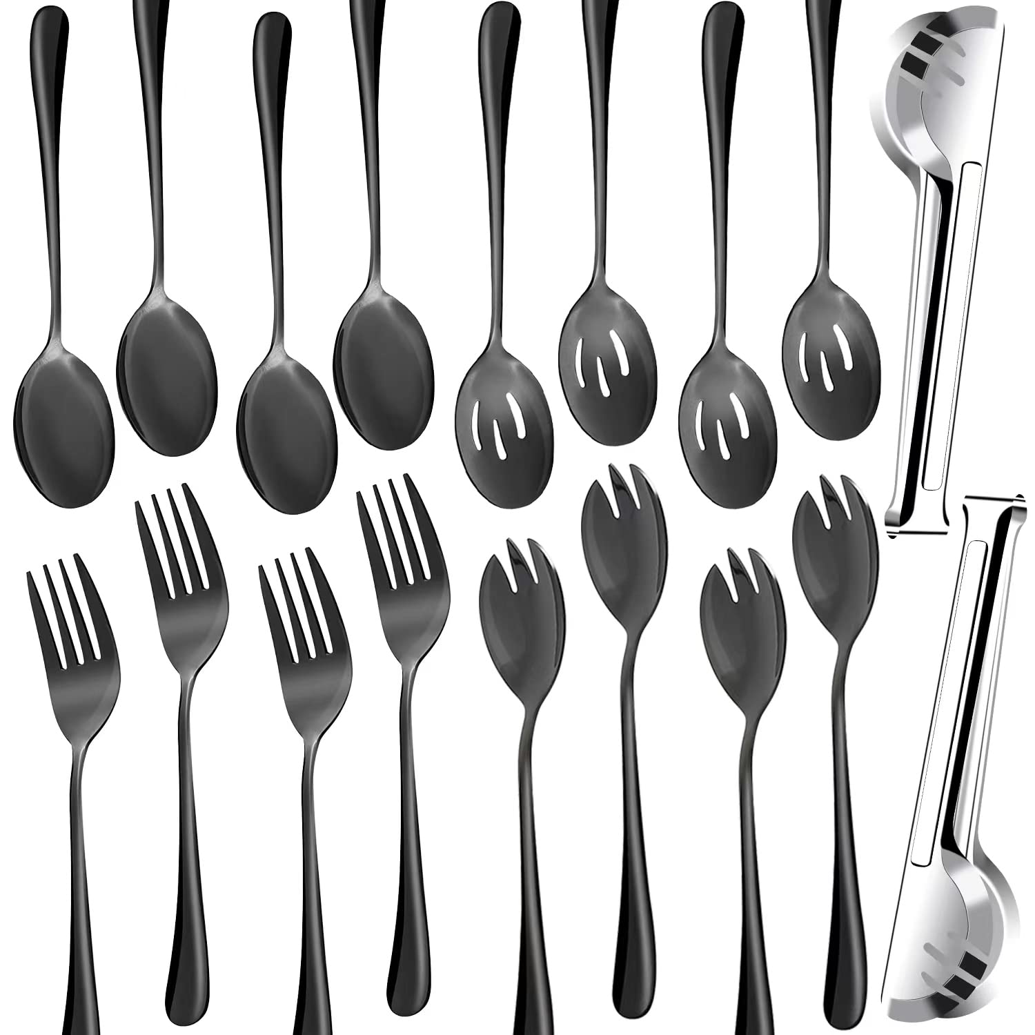 18 Pieces Stainless Steel Serving Utensils Set, Large Serving Spoons Serving Forks Serving Tongs Soup Ladle Salad Spoon Buffet Serving Utensils for for Kitchen Party Supply Dishwasher Safe, Black