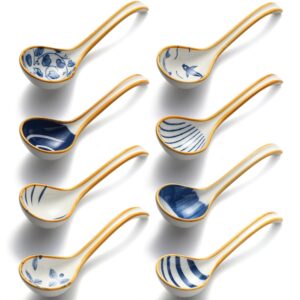 Soup Spoons Ceramic Large Asian Soup Spoon Set of 8 Ramen Spoons Korean Style Long Handle Spoons for Pho Noodles Dumpling Miso Dessert Cereal (Style 1)