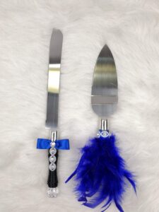 abbie home wedding cake knife and server set - royal blue feather dress black suit rhinestone decorated bride and groom cake tool, set of 2 (cake knife set)