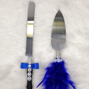 Abbie Home Wedding Cake Knife and Server Set - Royal Blue Feather Dress Black Suit Rhinestone Decorated Bride and Groom Cake Tool, Set of 2 (Cake knife set)