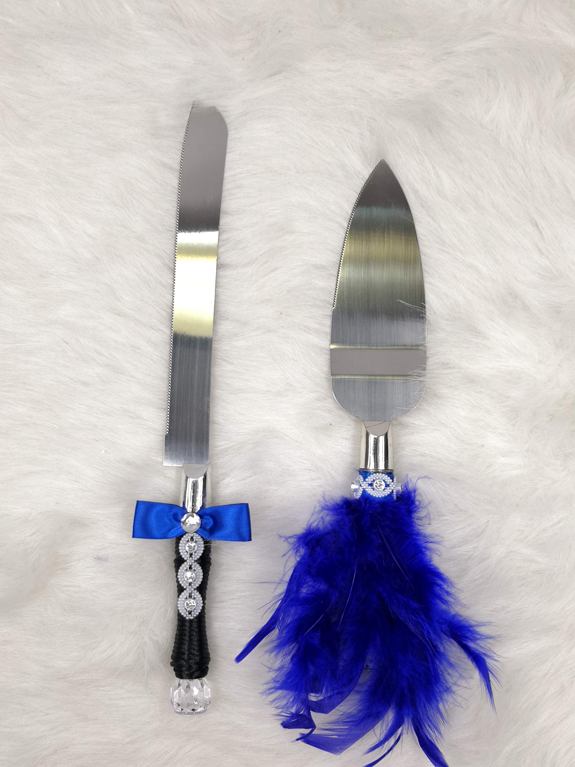 Abbie Home Wedding Cake Knife and Server Set - Royal Blue Feather Dress Black Suit Rhinestone Decorated Bride and Groom Cake Tool, Set of 2 (Cake knife set)