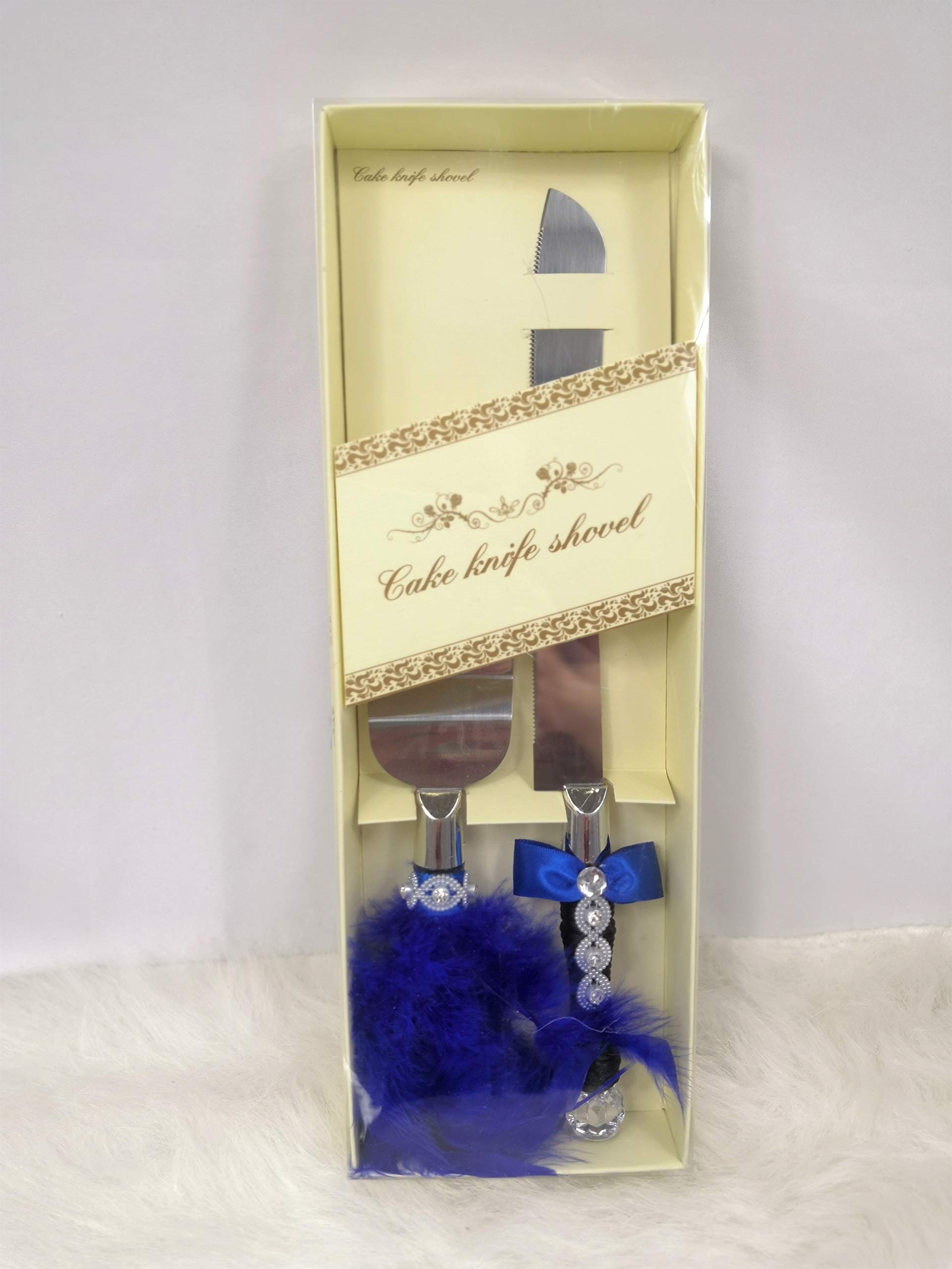 Abbie Home Wedding Cake Knife and Server Set - Royal Blue Feather Dress Black Suit Rhinestone Decorated Bride and Groom Cake Tool, Set of 2 (Cake knife set)