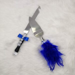 Abbie Home Wedding Cake Knife and Server Set - Royal Blue Feather Dress Black Suit Rhinestone Decorated Bride and Groom Cake Tool, Set of 2 (Cake knife set)