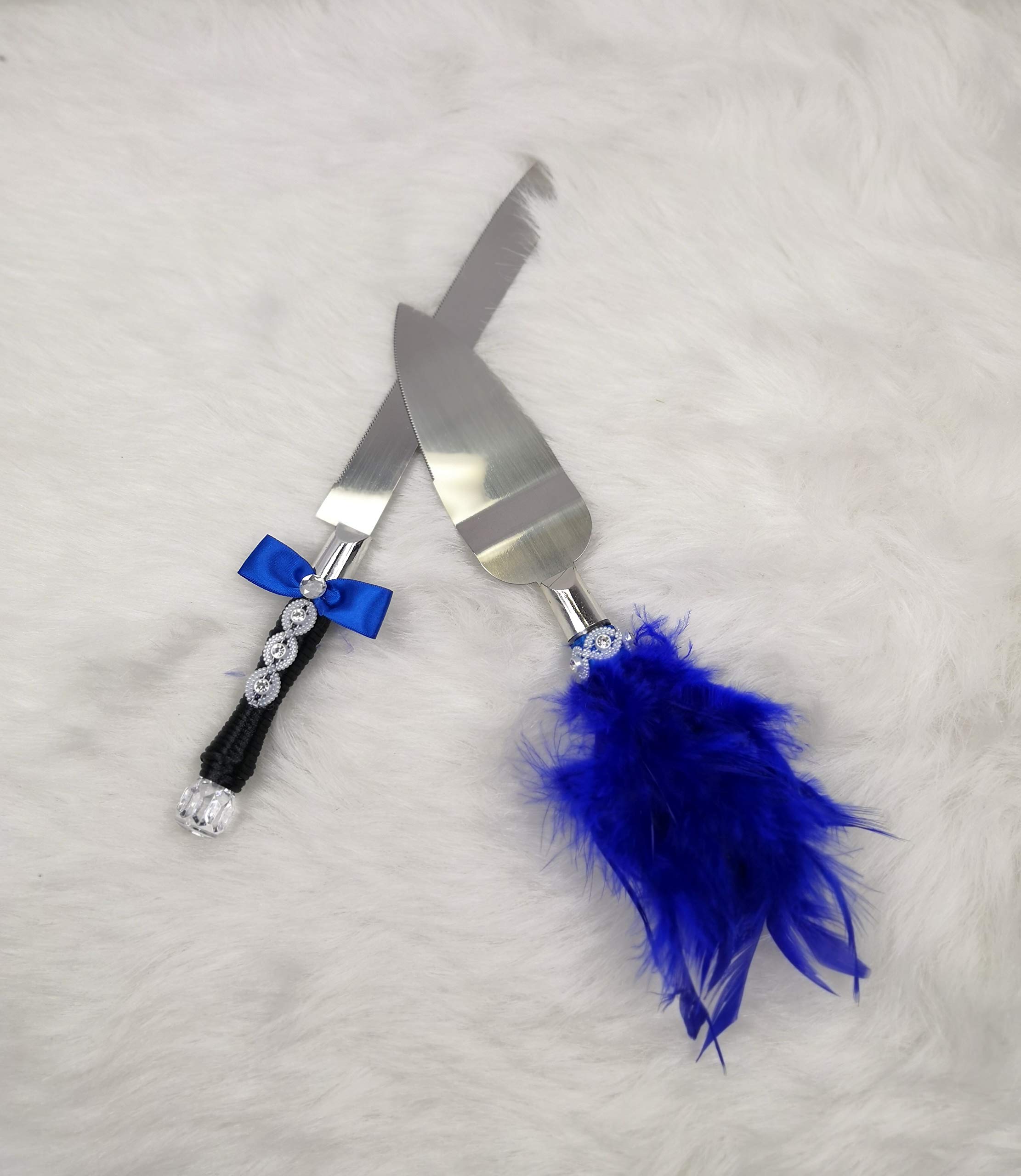 Abbie Home Wedding Cake Knife and Server Set - Royal Blue Feather Dress Black Suit Rhinestone Decorated Bride and Groom Cake Tool, Set of 2 (Cake knife set)