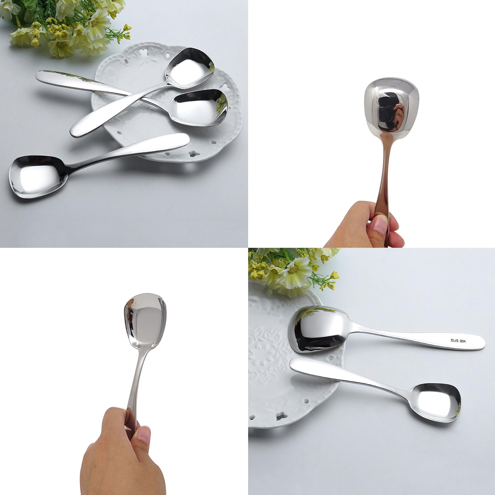 Honbay 3PCS Fashion Korean style Thick Heavy Weight Stainless Steel Soup Spoons Table Spoons Dinner Spoons Rice Spoons Flat Square Spoon