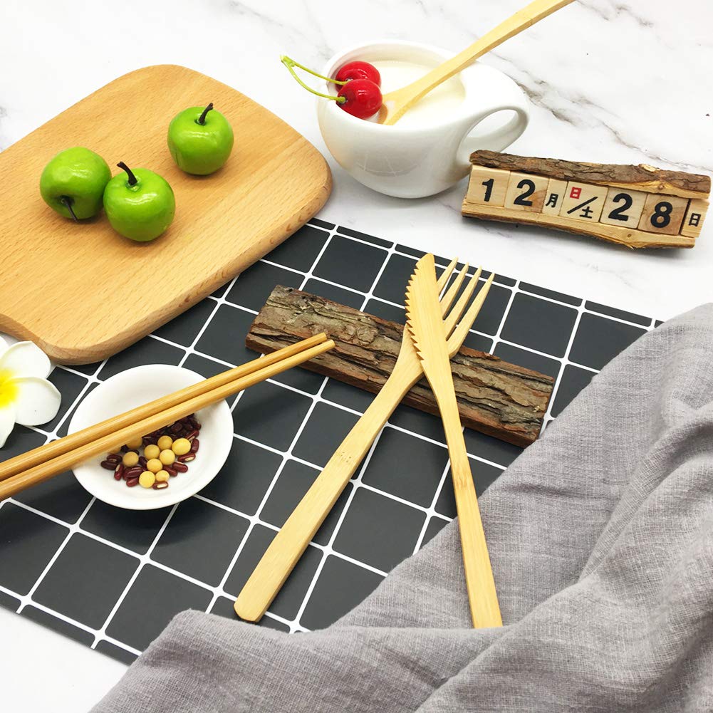 Bamboo Utensils, Eco Friendly Flatware Set, Bamboo Cutlery Set, Bamboo Travel Utensils, Camping Utensils Set, Portable Utensils Set, Knife, Fork, Spoon, Reusable Straws Chopsticks, 7 Pieces,7.9 inch