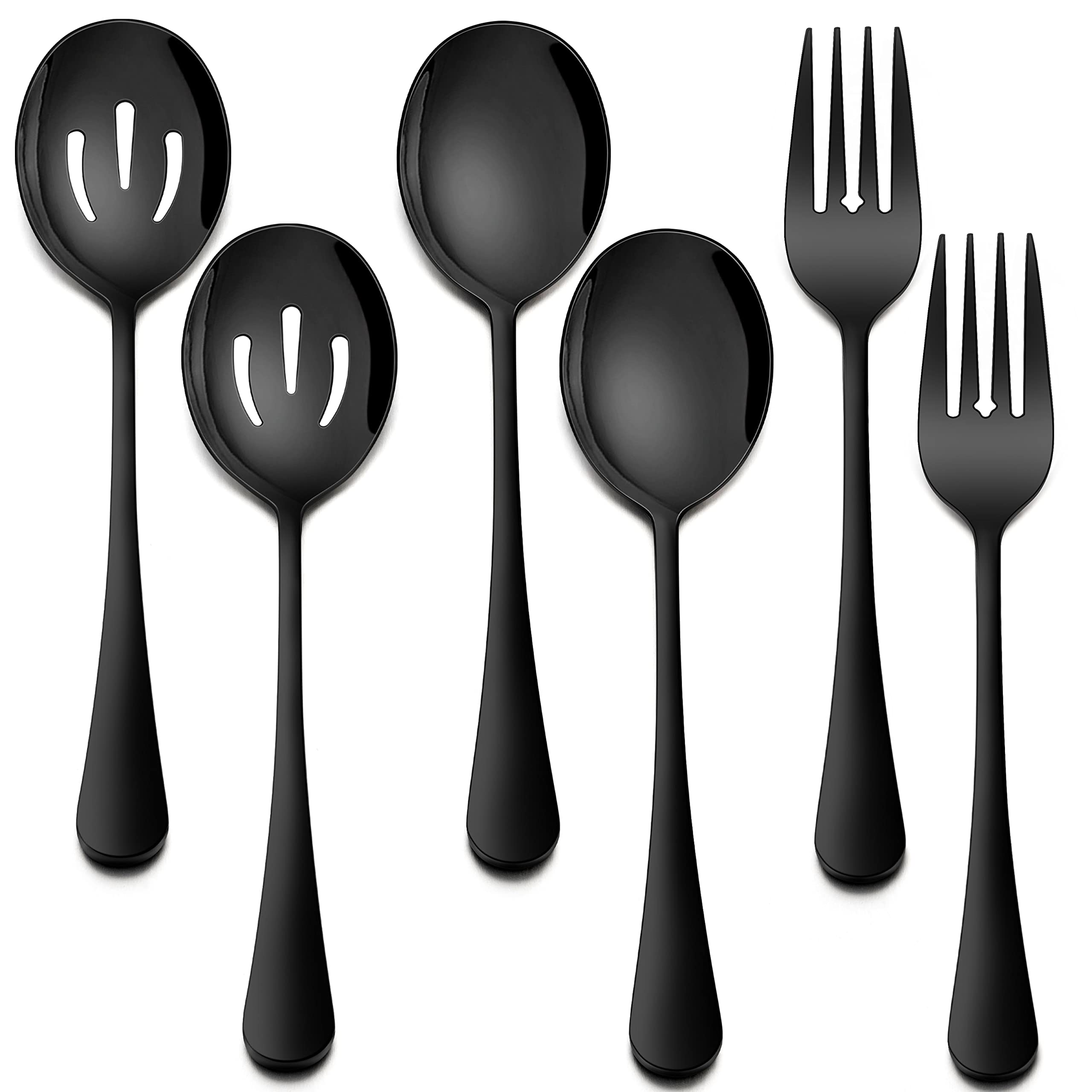 Homikit Stainless Steel 2 Black Serving Spoons, 2 Black Slotted Serving Spoons, 2 Black Serving Forks, Metal Buffet Party Banquet Restaurant Catering Serving Utensils, Mirror Polish, Dishwasher Safe