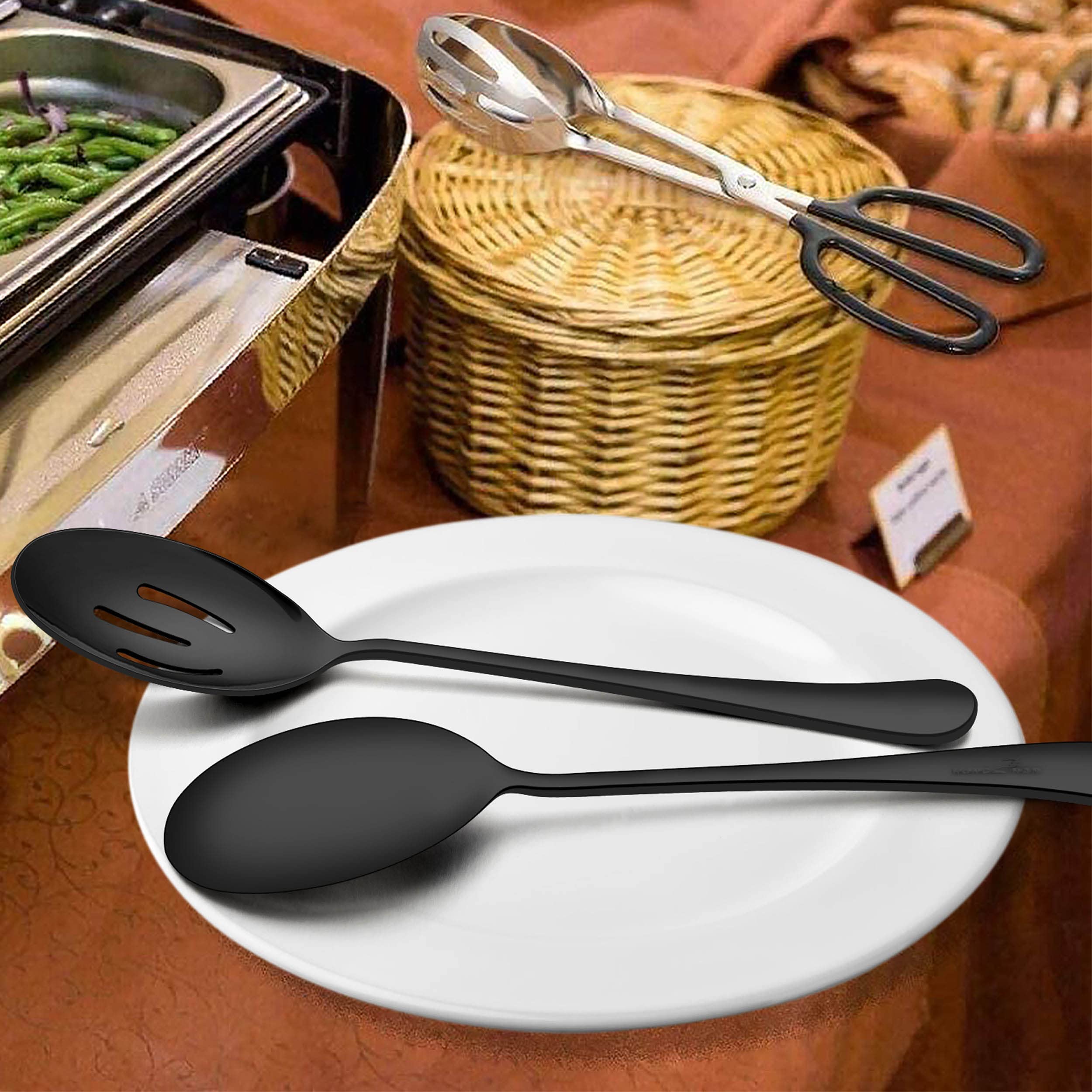 Homikit Stainless Steel 2 Black Serving Spoons, 2 Black Slotted Serving Spoons, 2 Black Serving Forks, Metal Buffet Party Banquet Restaurant Catering Serving Utensils, Mirror Polish, Dishwasher Safe