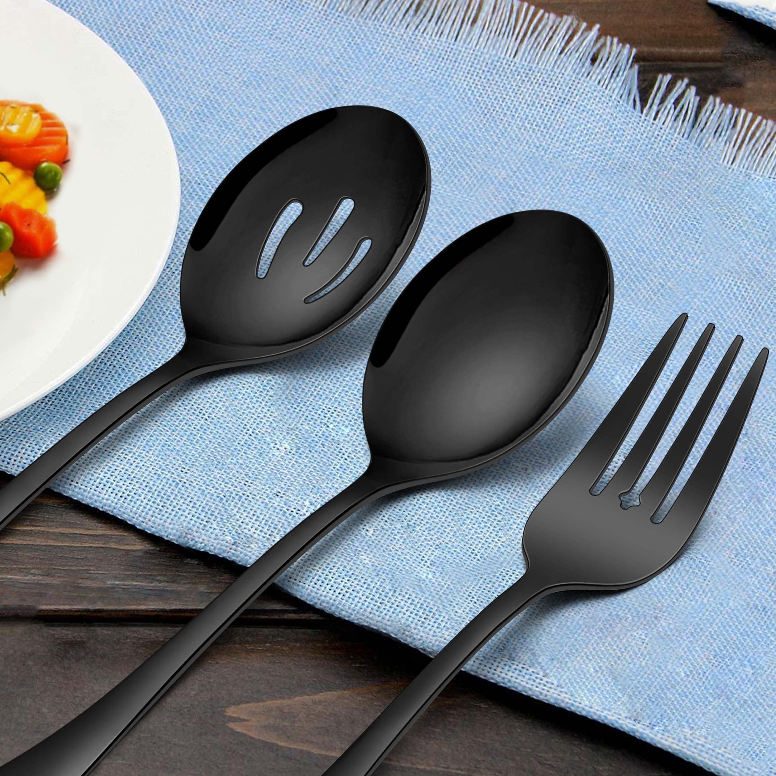 Homikit Stainless Steel 2 Black Serving Spoons, 2 Black Slotted Serving Spoons, 2 Black Serving Forks, Metal Buffet Party Banquet Restaurant Catering Serving Utensils, Mirror Polish, Dishwasher Safe