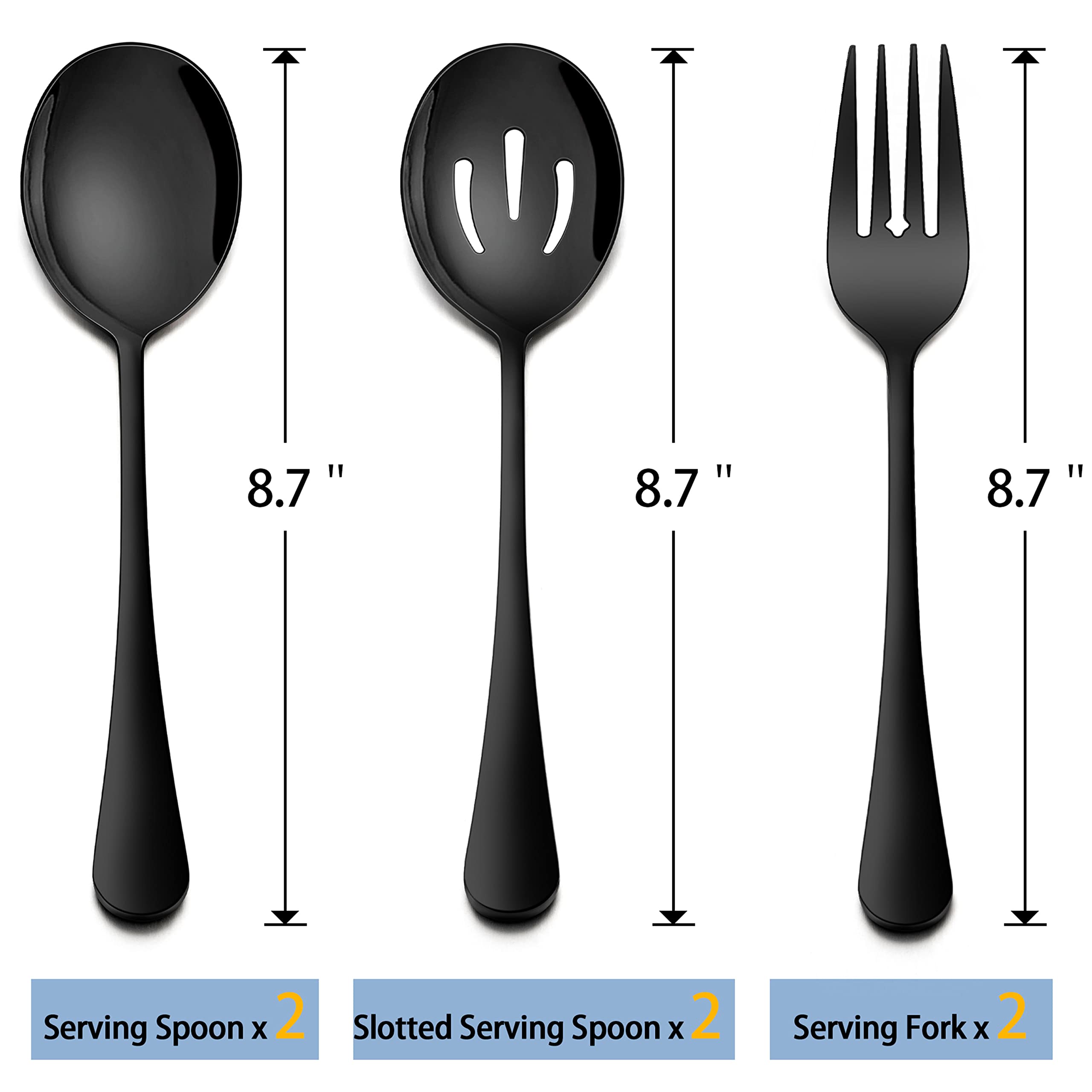 Homikit Stainless Steel 2 Black Serving Spoons, 2 Black Slotted Serving Spoons, 2 Black Serving Forks, Metal Buffet Party Banquet Restaurant Catering Serving Utensils, Mirror Polish, Dishwasher Safe