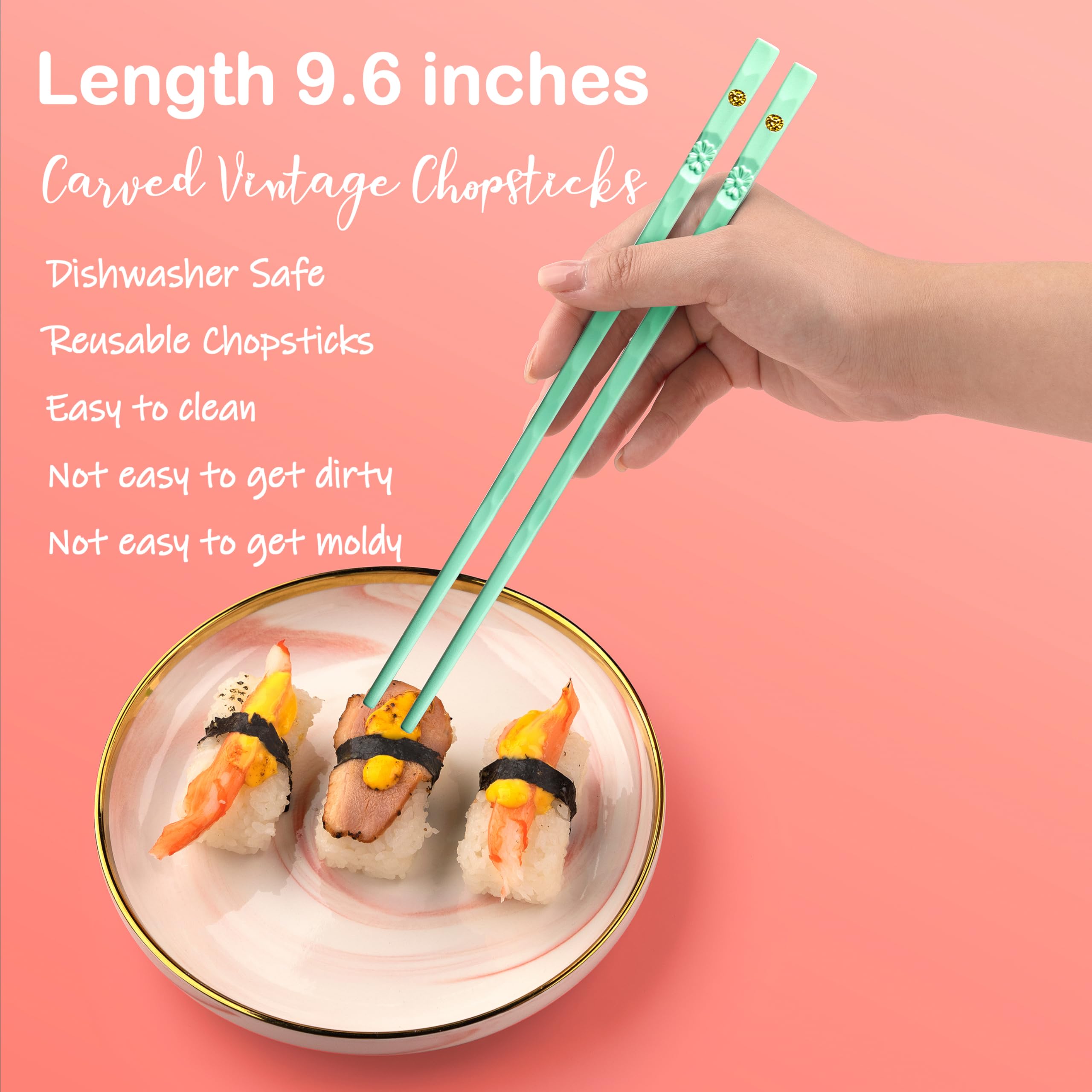 HELERKOL 5 Pairs Fiberglass Multicolor light color Chopsticks Carved Gold Glitter Patch Chopsticks Reusable Non-Slip Lightweight Chinese Japanese Korean Chopsticks Dishwasher Safe, 9.6 Inch long