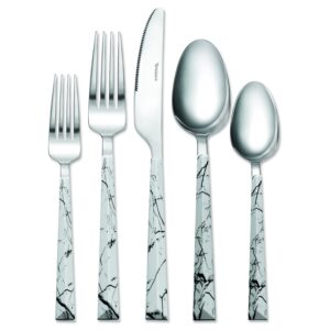 hamilton forge tomodachi by hampton forge - dali marble – 20 piece flatware set – service for 4 silverware set – stainless steel – white with black, silver