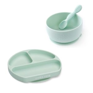 simka rose silicone baby feeding set for baby and toddler, baby silicone bowl and plate with suction, baby led weaning spoon, bpa free - dishwasher and microwave safe (sage)