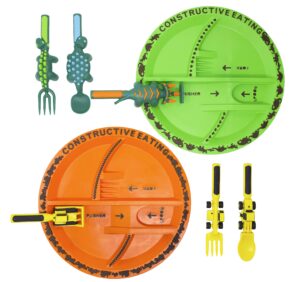 constructive eating made in usa construction and dinosaur combo with 2 utensil sets and 2 plates for toddlers, infants, babies and kids - made with materials tested for safety