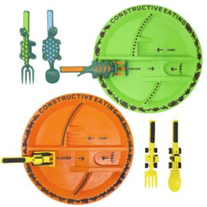 Constructive Eating Made in USA Construction and Dinosaur Combo with 2 Utensil Sets and 2 Plates for Toddlers, Infants, Babies and Kids - Made with Materials Tested for Safety