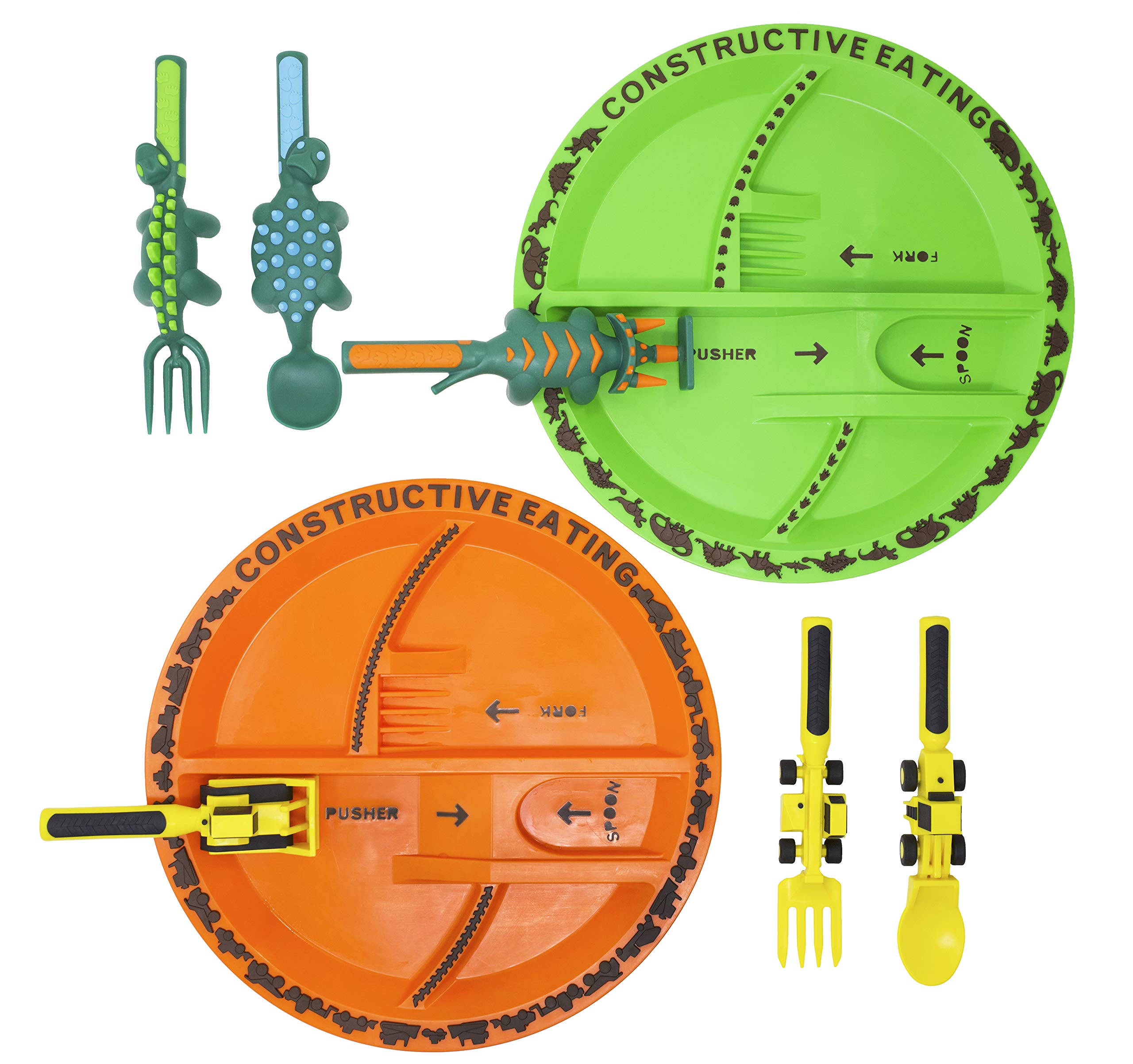 Constructive Eating Made in USA Construction and Dinosaur Combo with 2 Utensil Sets and 2 Plates for Toddlers, Infants, Babies and Kids - Made with Materials Tested for Safety