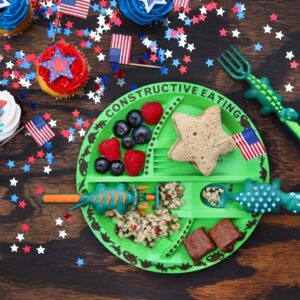 Constructive Eating Made in USA Construction and Dinosaur Combo with 2 Utensil Sets and 2 Plates for Toddlers, Infants, Babies and Kids - Made with Materials Tested for Safety