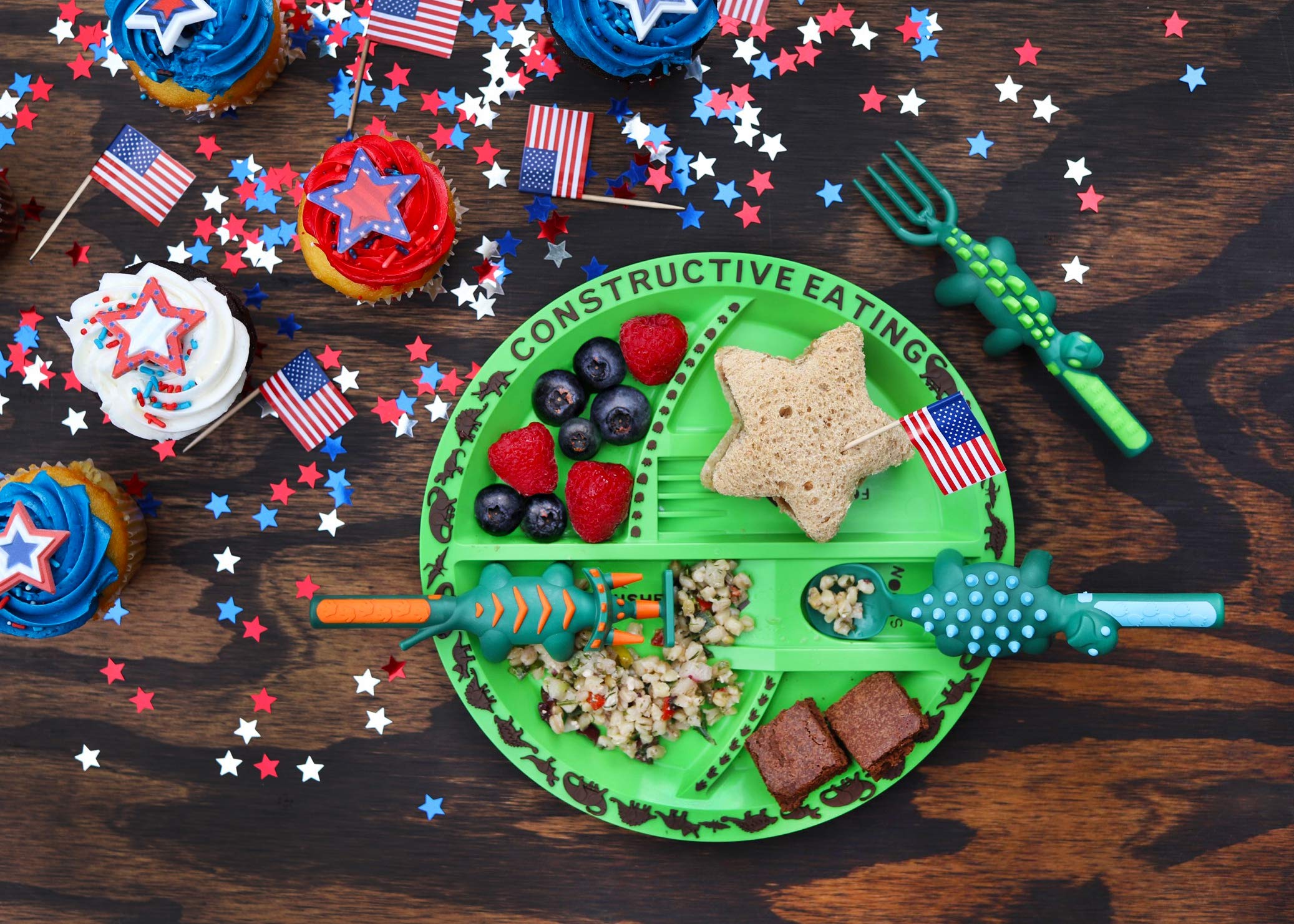 Constructive Eating Made in USA Construction and Dinosaur Combo with 2 Utensil Sets and 2 Plates for Toddlers, Infants, Babies and Kids - Made with Materials Tested for Safety