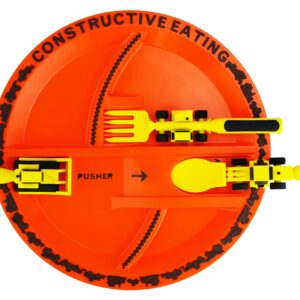 Constructive Eating Made in USA Construction and Dinosaur Combo with 2 Utensil Sets and 2 Plates for Toddlers, Infants, Babies and Kids - Made with Materials Tested for Safety