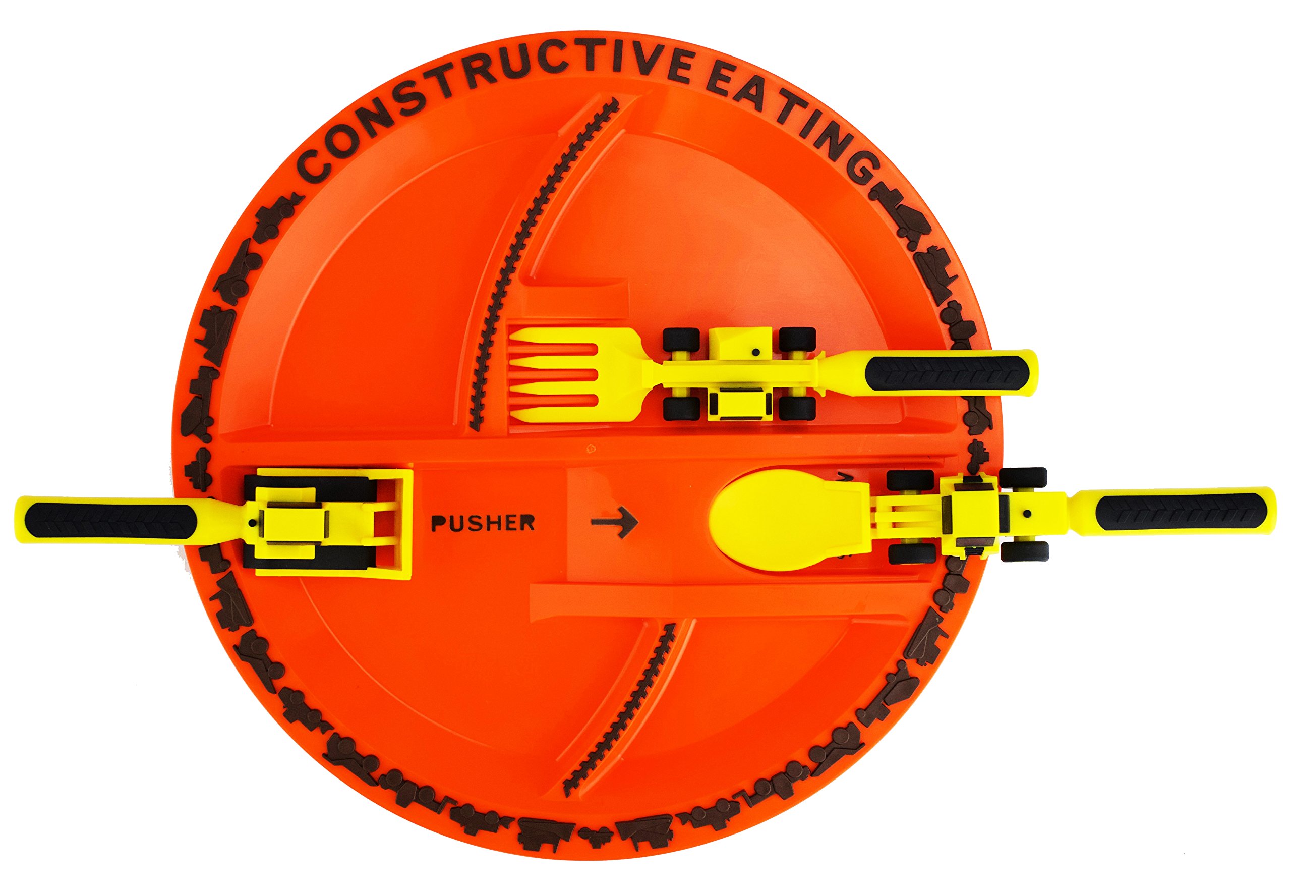 Constructive Eating Made in USA Construction and Dinosaur Combo with 2 Utensil Sets and 2 Plates for Toddlers, Infants, Babies and Kids - Made with Materials Tested for Safety