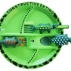 Constructive Eating Made in USA Construction and Dinosaur Combo with 2 Utensil Sets and 2 Plates for Toddlers, Infants, Babies and Kids - Made with Materials Tested for Safety