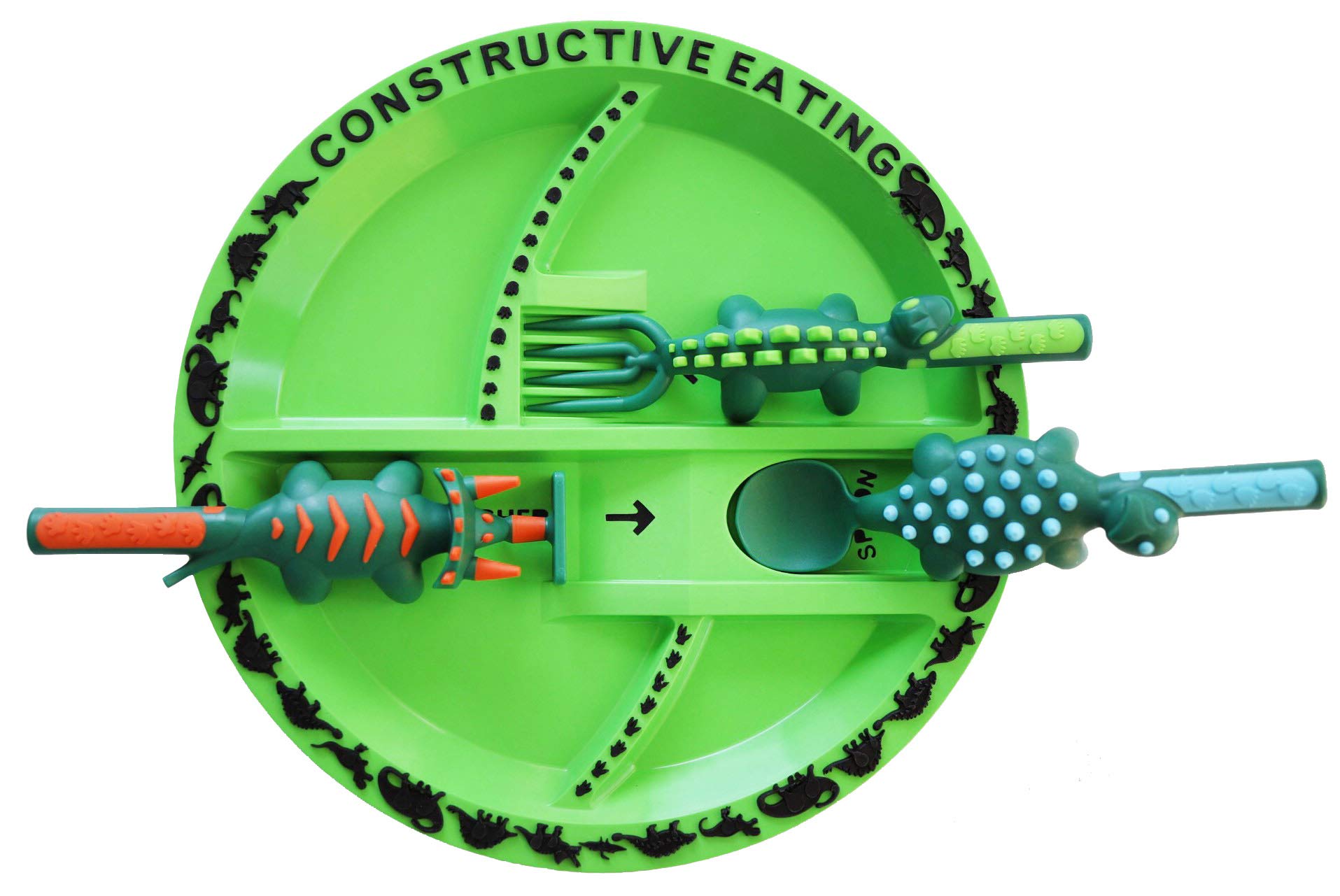 Constructive Eating Made in USA Construction and Dinosaur Combo with 2 Utensil Sets and 2 Plates for Toddlers, Infants, Babies and Kids - Made with Materials Tested for Safety