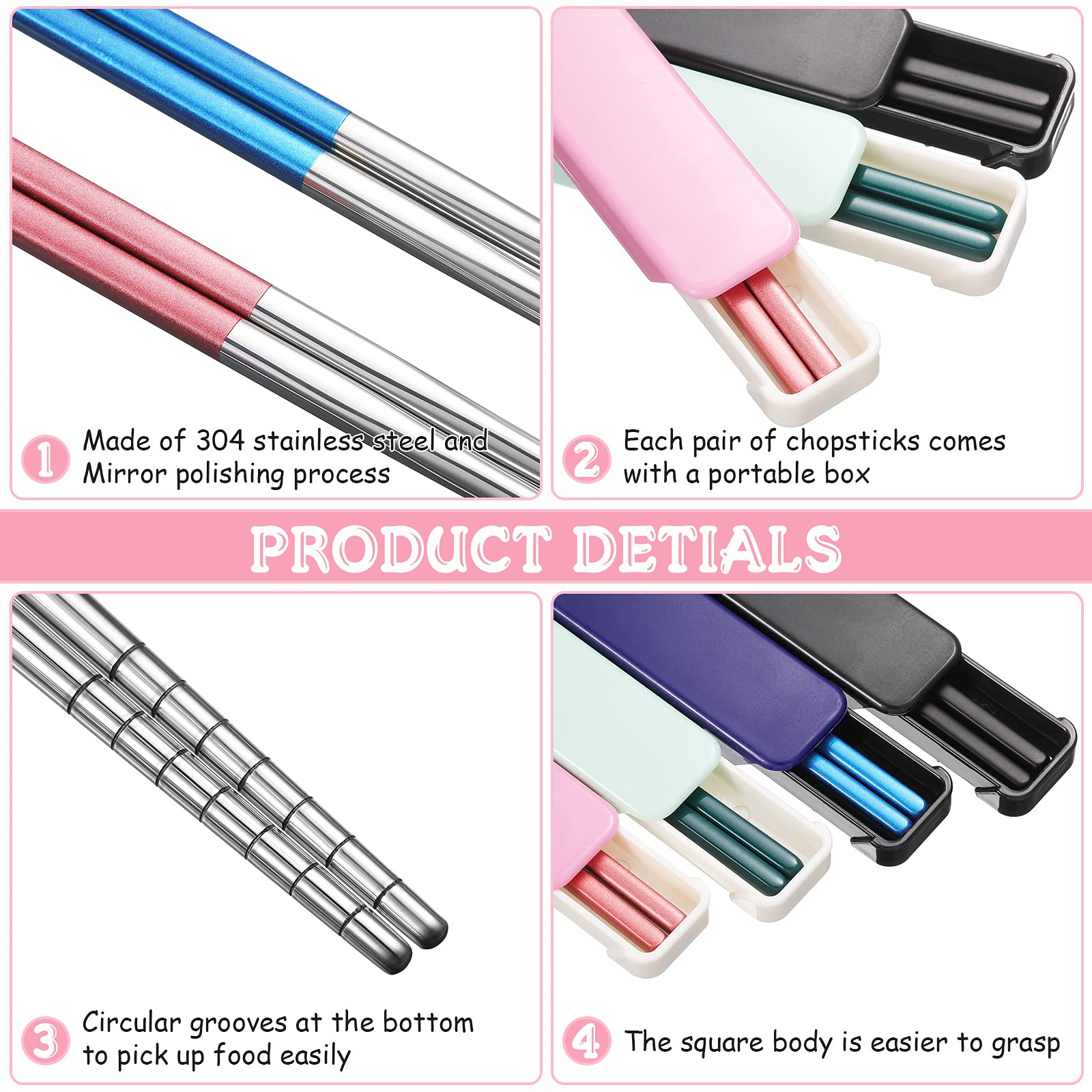 4 Pairs Portable Chopsticks with Case Stainless Steel Chopsticks Reusable Portable Utensil for School Home Office Camp Travel Bento Box