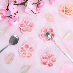 Whaline 4 Pieces Flower Coffee Spoon Rest Pink Cherry Blossom Ceramic Teaspoon Holder Home Table Decor Accessories for Kitchen Office Coffee Bar Coffee Stirrers Coffee Lovers