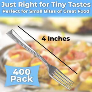 Super Elegant, BPA Free 400ct Plastic Tasting Forks. Mini Cocktail or Sampling Fork Set for Hors D'Oeuvres, Appetizers, Shrimp and Seafood. Durable, Recyclable 4 Tine Utensil with Stainless Steel Look