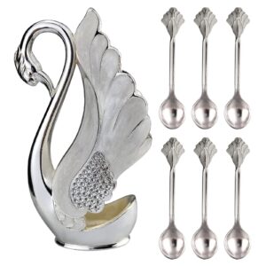 swan base holder with 6pcs coffee dessert dinner spoon set, metal coffee spoon organizer teaspoon fruit dessert flatware sugar ice cream spoons (silver)